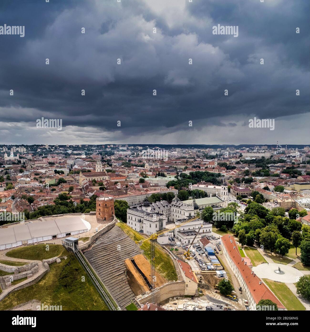 A cloudy Vilnius landscape with Gediminas Castle from drone perspective ...