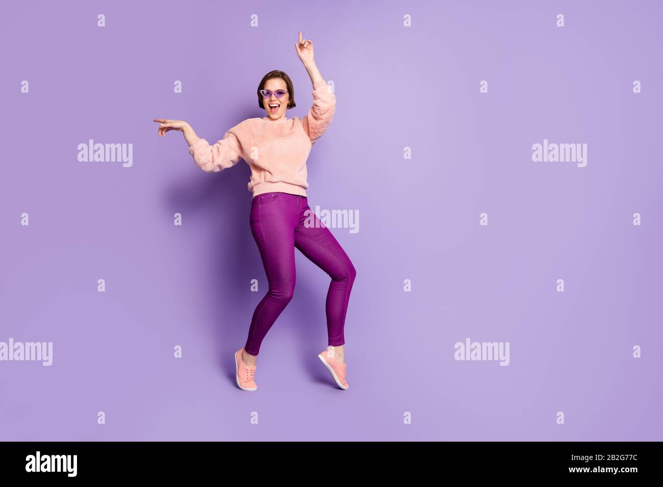 Full size photo of cheerful funky girl dance moving on disco feel ...