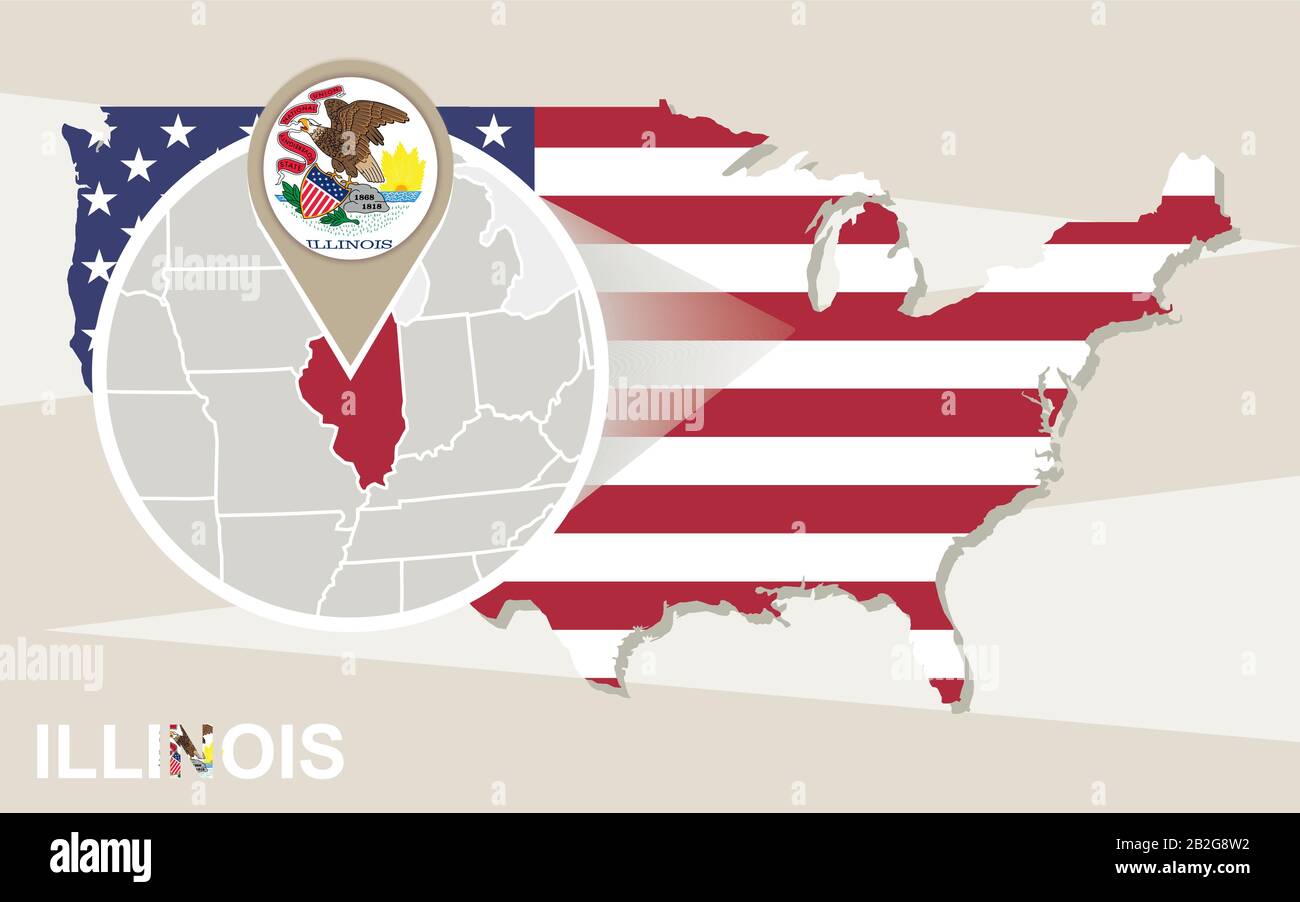 USA map with magnified Illinois State. Illinois flag and map Stock ...