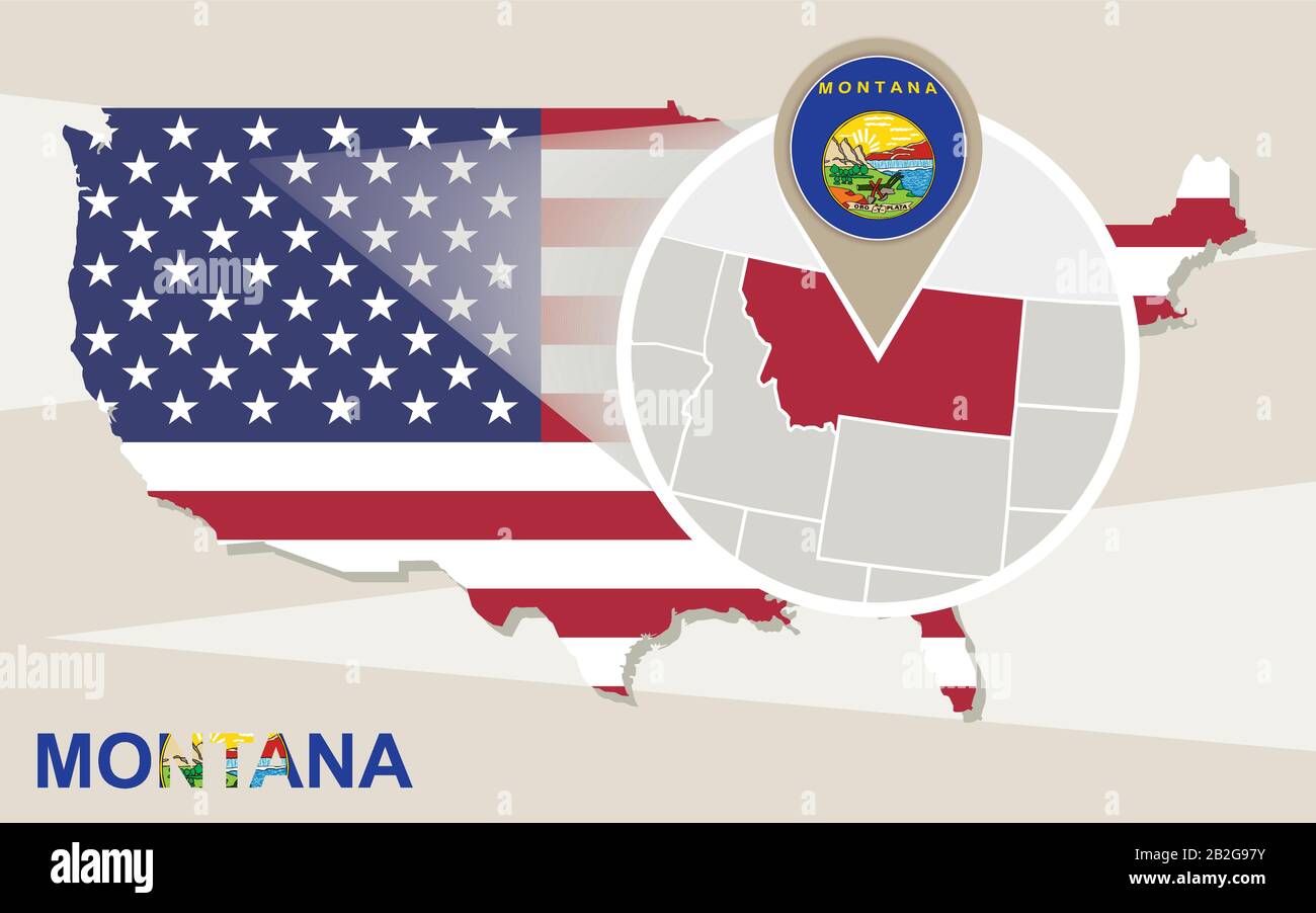 USA map with magnified Montana State. Montana flag and map Stock Vector ...