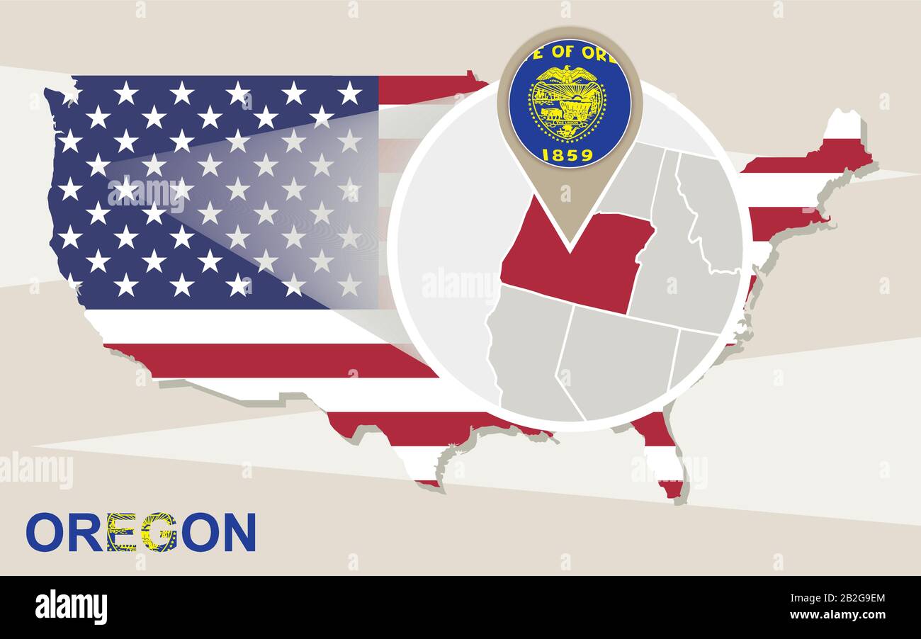 USA map with magnified Oregon State. Oregon flag and map Stock Vector ...