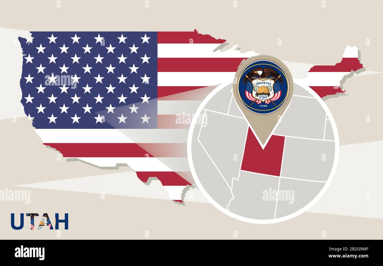 USA map with magnified Utah State. Utah flag and map Stock Vector Image ...