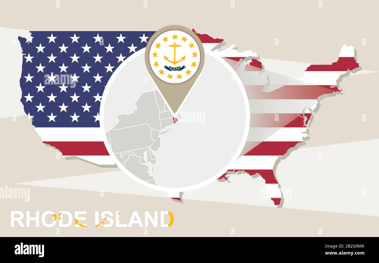USA map with magnified Rhode Island State. Rhode Island flag and map ...