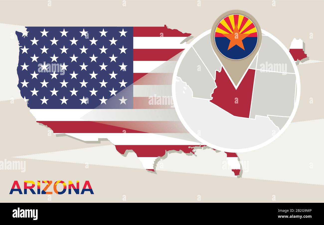 USA map with magnified Arizona State. Arizona flag and map Stock Vector ...