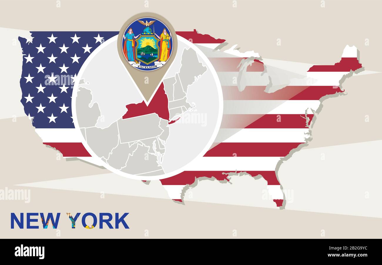 USA map with magnified New York State. New York flag and map Stock ...