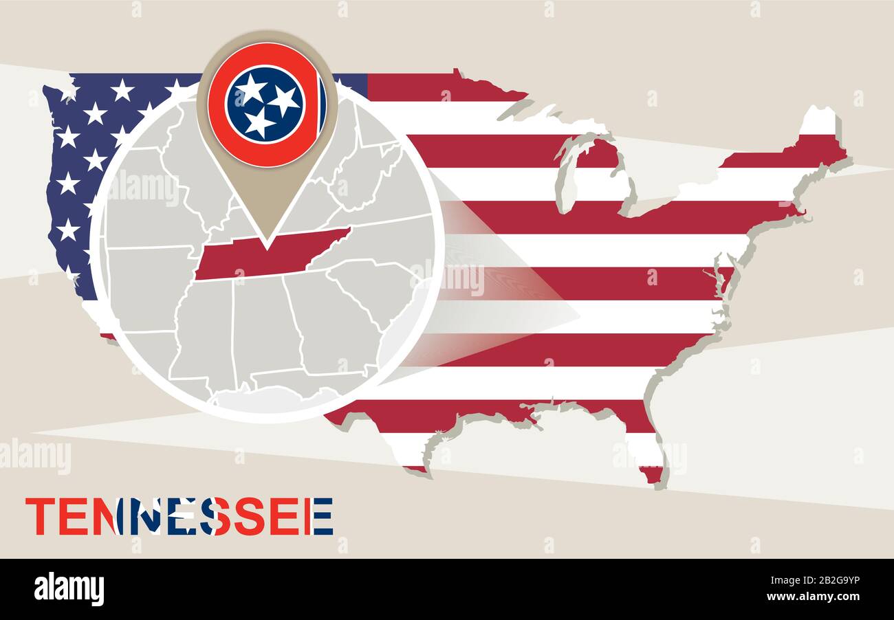 USA map with magnified Tennessee State. Tennessee flag and map Stock ...