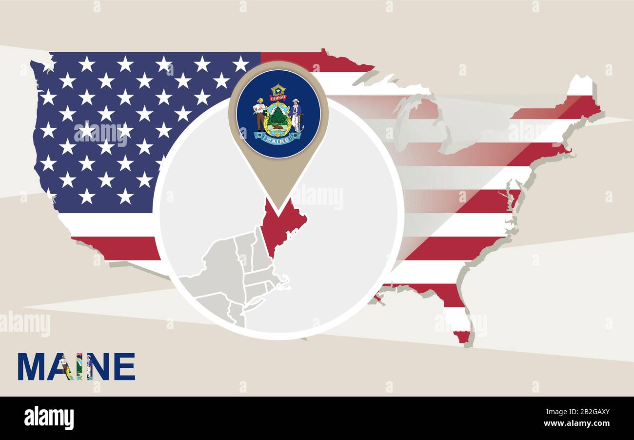 USA map with magnified Maine State. Maine flag and map Stock Vector Image & Art - Alamy