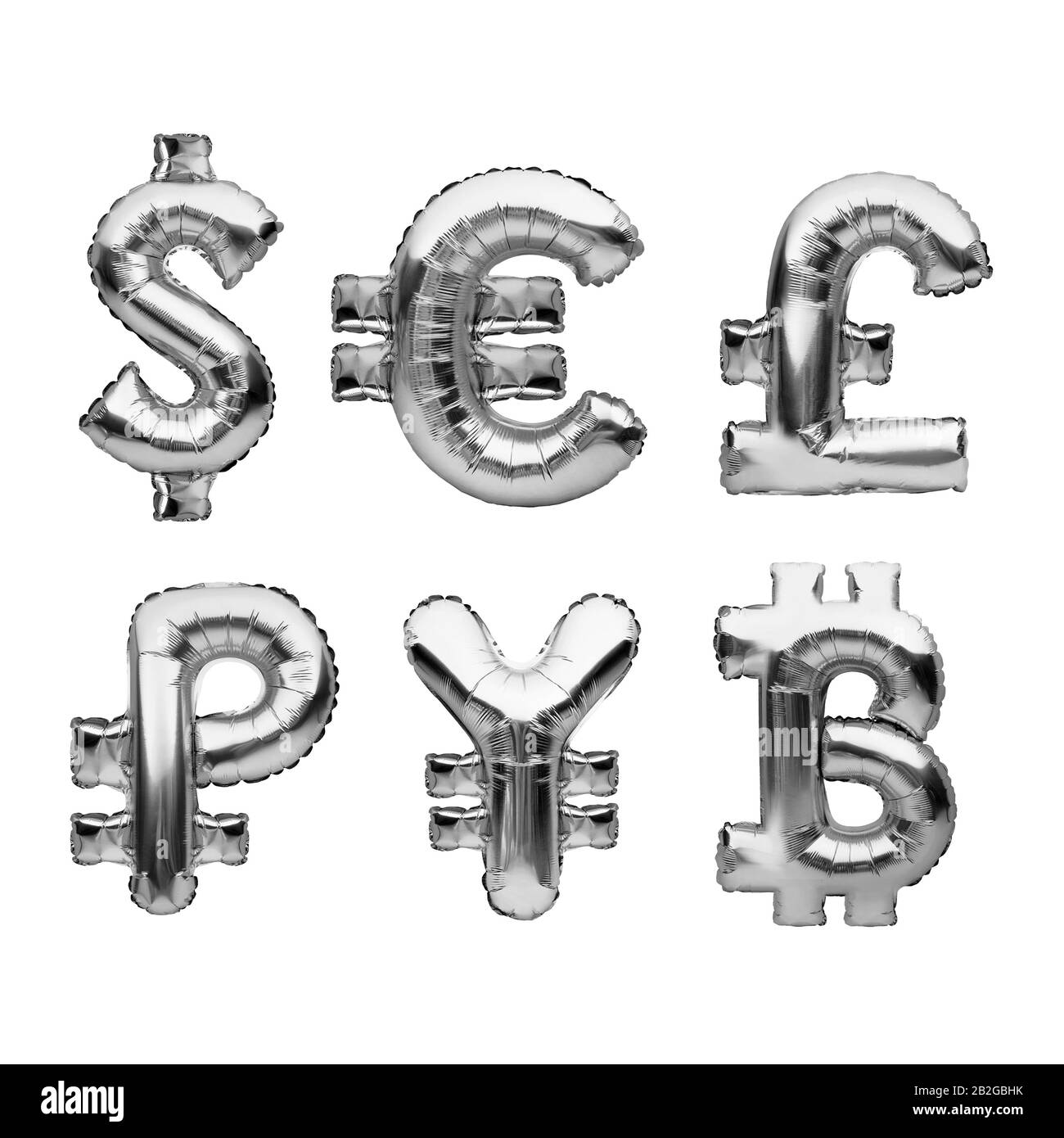Money symbols made of silver balloons. Dollar, euro, pound, ruble, yen ...