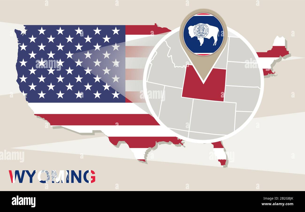USA map with magnified Wyoming State. Wyoming flag and map Stock Vector Image & Art - Alamy
