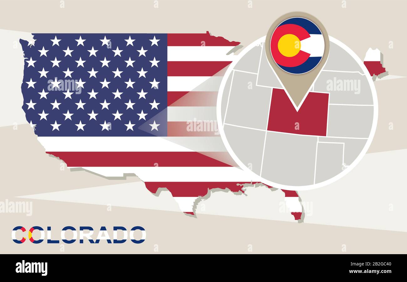 USA map with magnified Colorado State. Colorado flag and map Stock ...