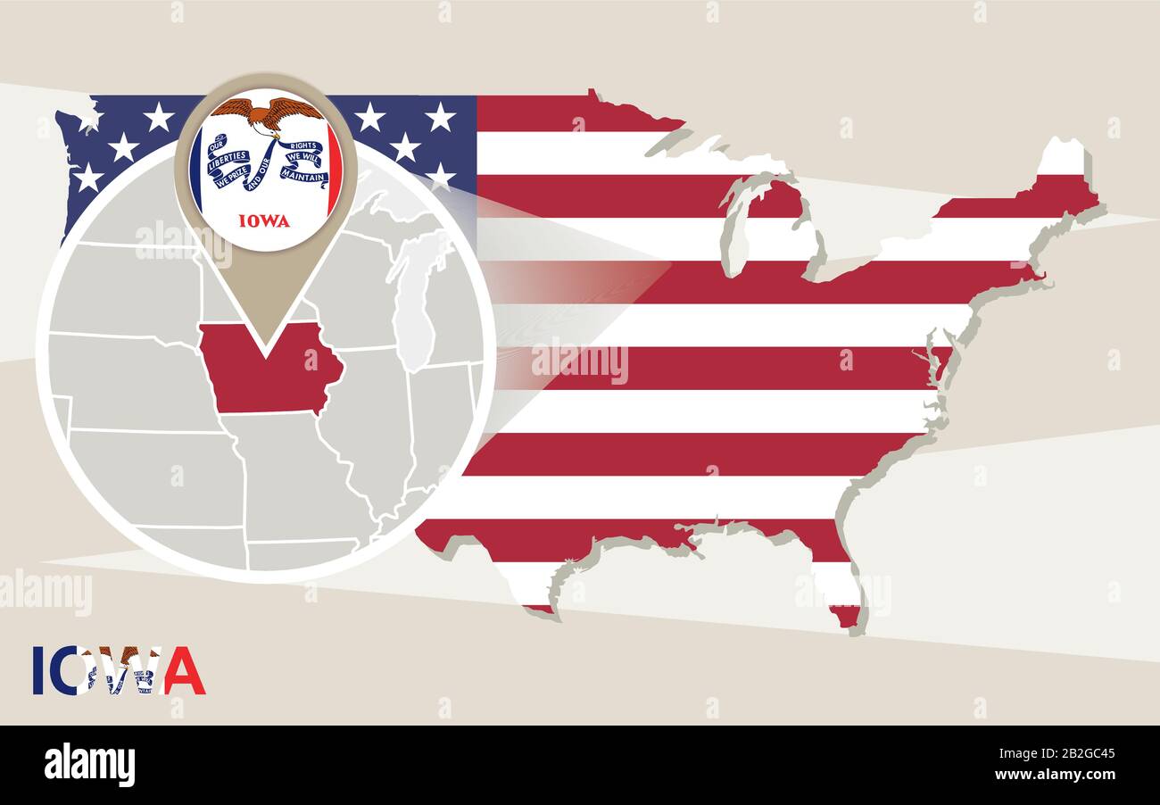 USA map with magnified Iowa State. Iowa flag and map Stock Vector Image ...