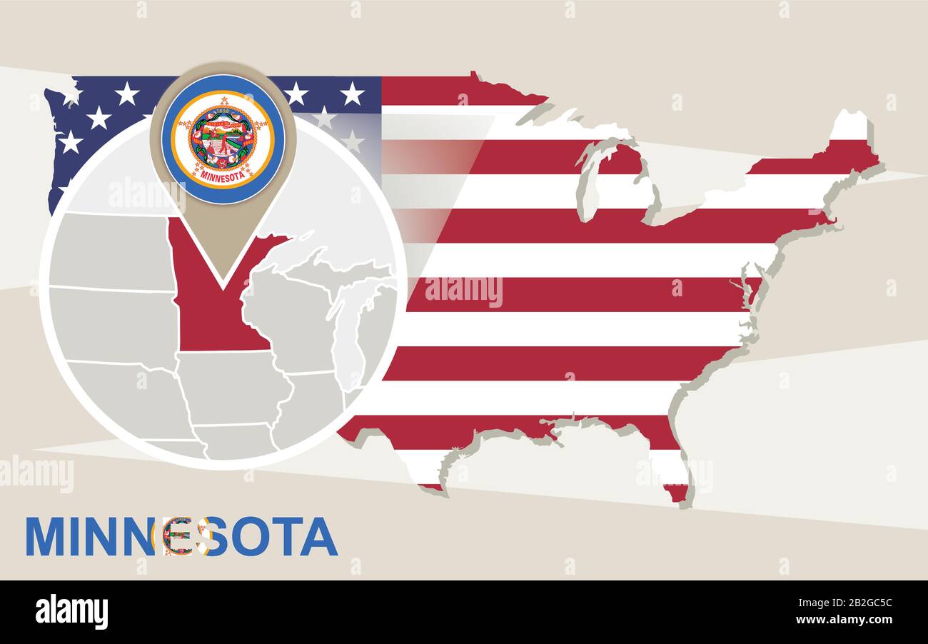 USA map with magnified Minnesota State. Minnesota flag and map Stock ...