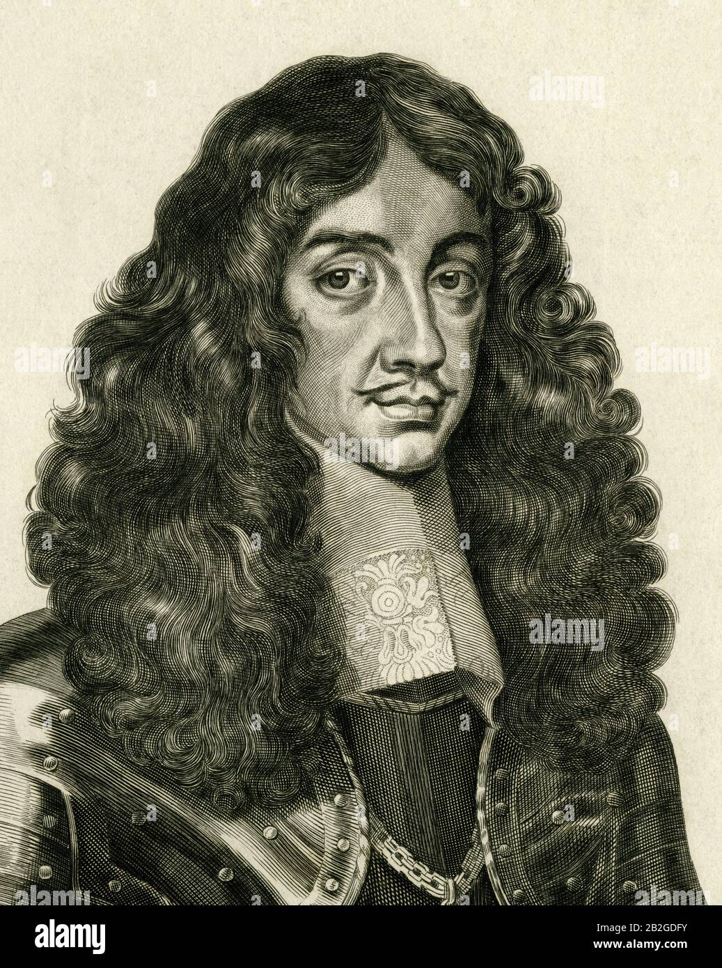 Charles II (1630-1685), king of Great Britain and Ireland. Detail of engraving, published in ...