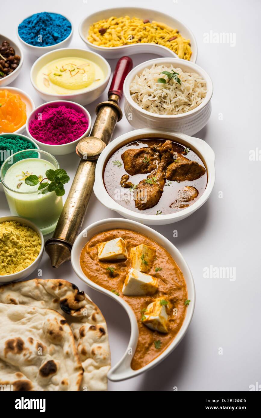 Happy Holy concept showing Indian assorted lunch food like chicken ...