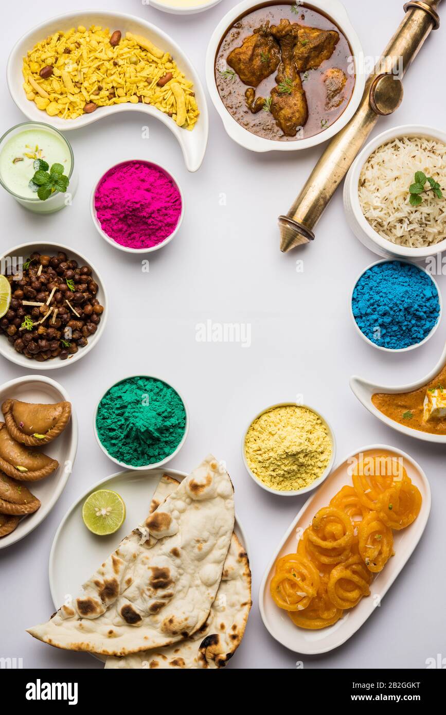 Happy Holy concept showing Indian assorted lunch food like chicken ...