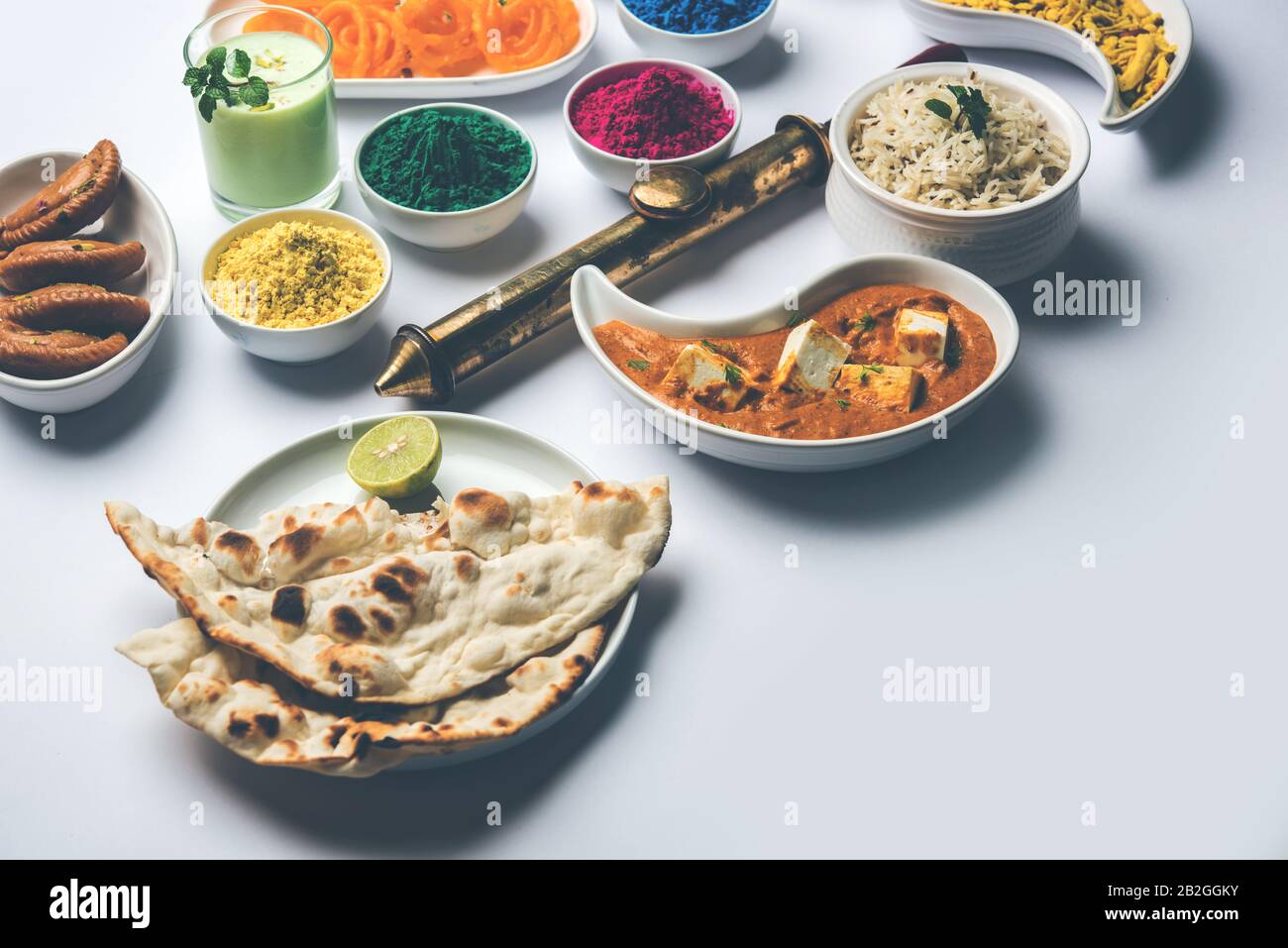 Happy Holy concept showing Indian assorted lunch food like chicken ...