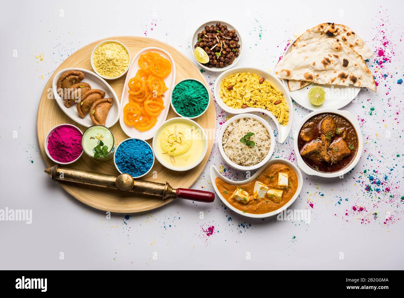 Happy Holy concept showing Indian assorted lunch food like chicken ...