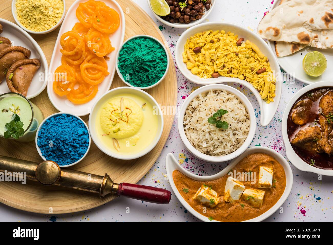 Happy Holy concept showing Indian assorted lunch food like chicken ...