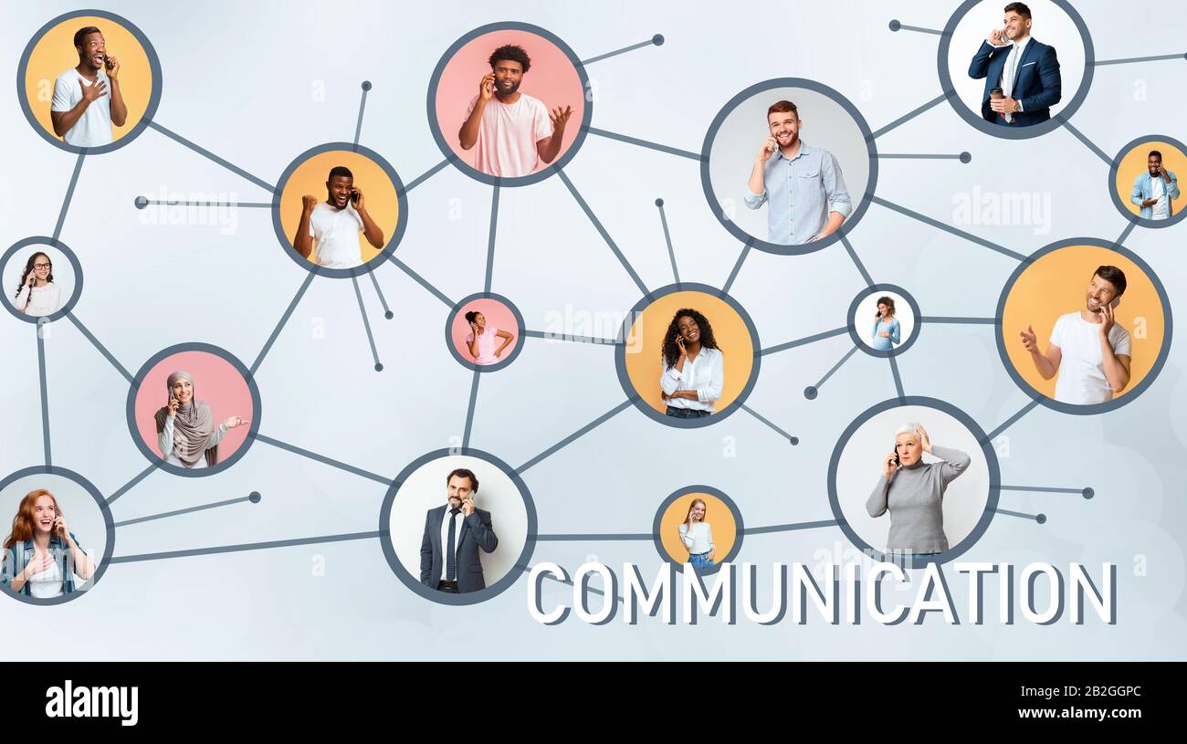 Global connection. Different people using mobile phones for ...