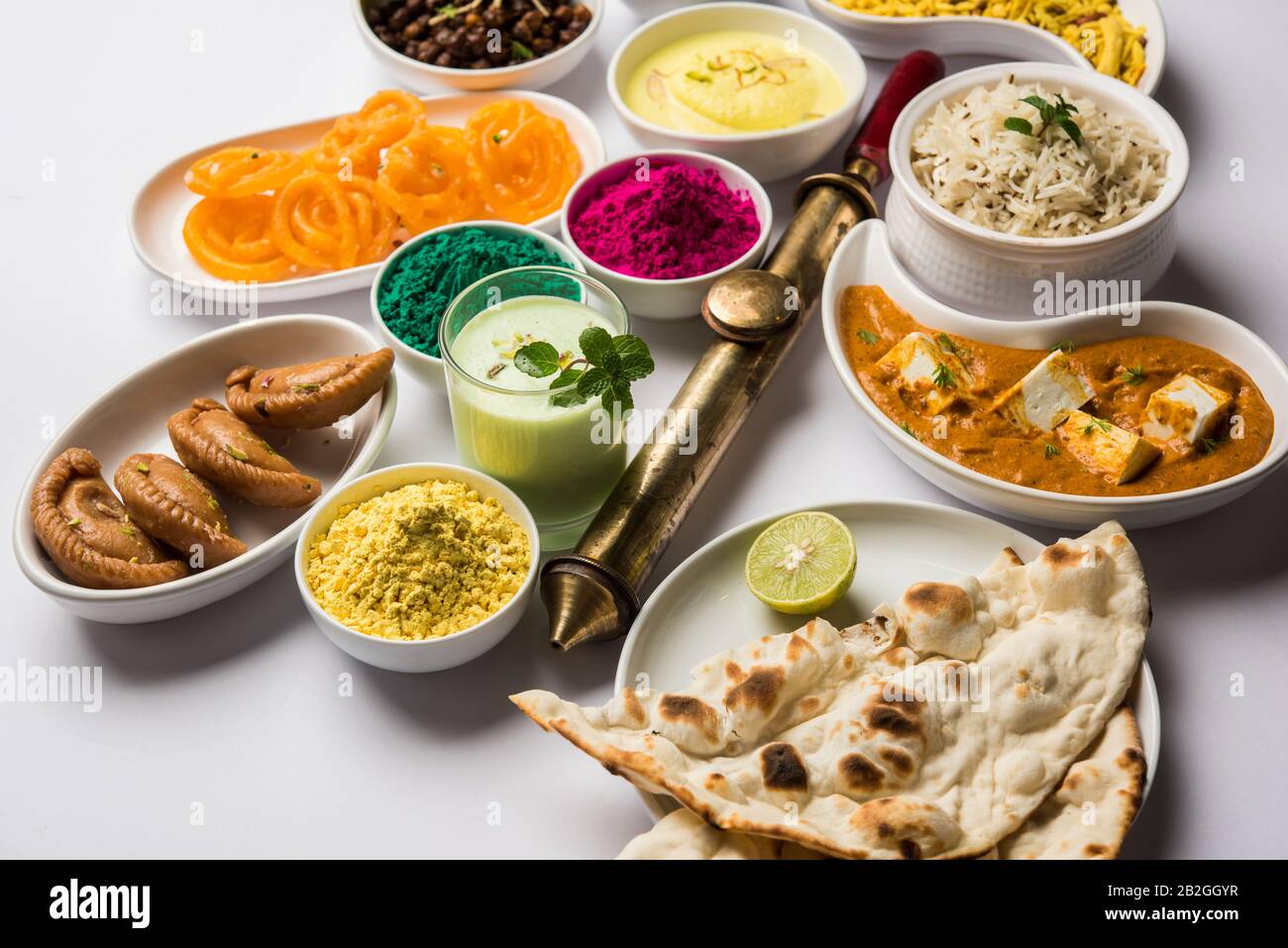 Happy Holy concept showing Indian assorted lunch food like paneer ...