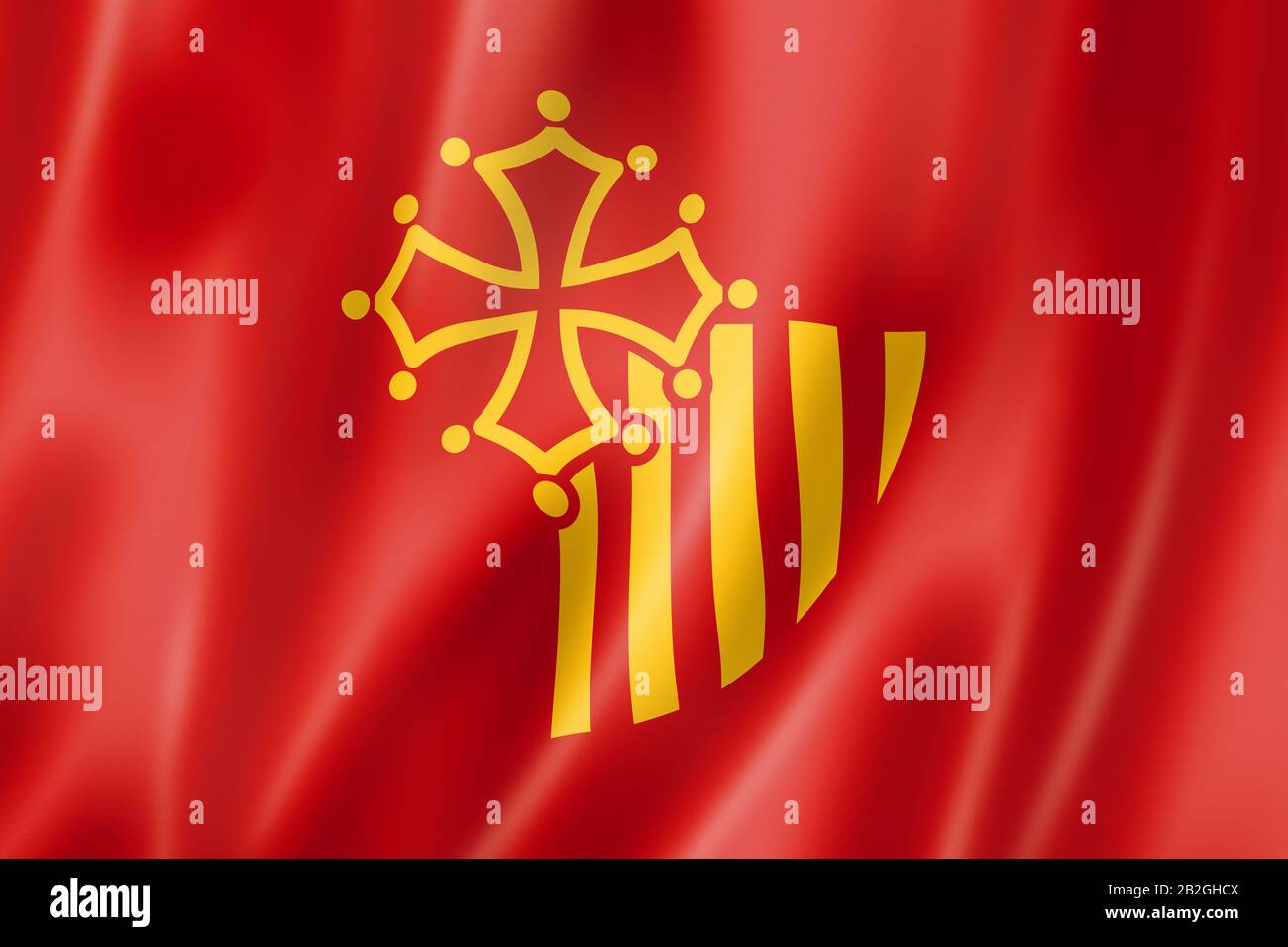 Languedoc-Roussillon Region flag, France waving banner collection. 3D ...