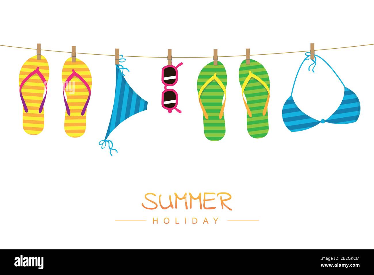 summer holiday striped flip flops bikini and sunglasses hang on a rope ...