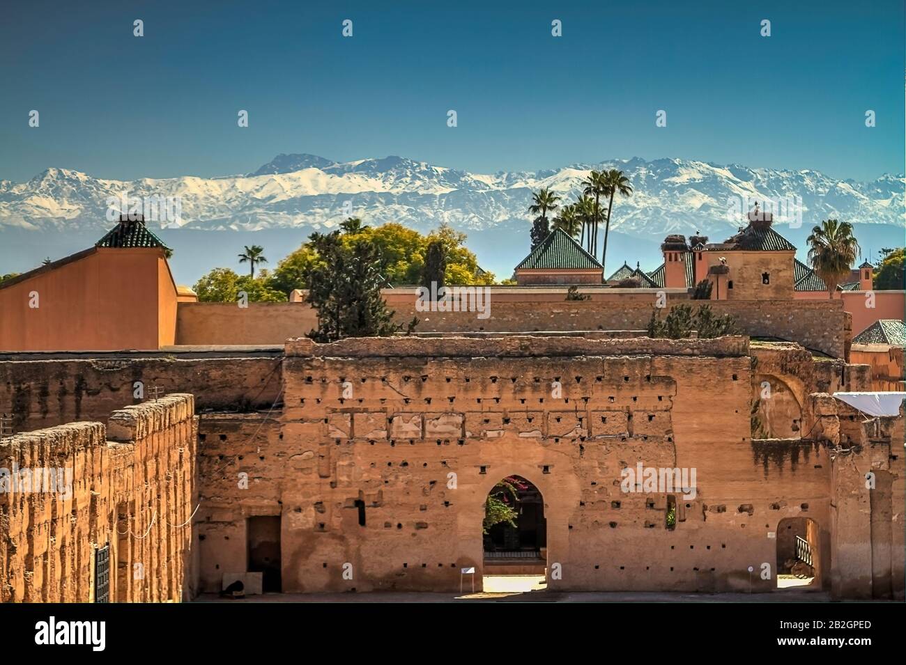 El Badi Palace and Atlas Mountains, Marrakesh Stock Photo - Alamy