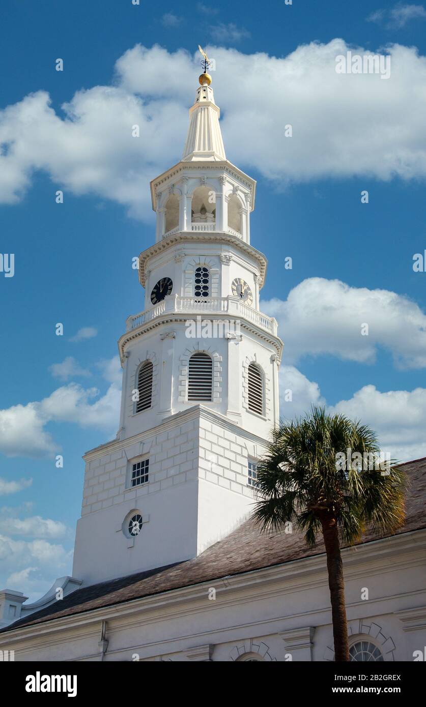 White Steeple with Palm Tree Stock Photo - Alamy