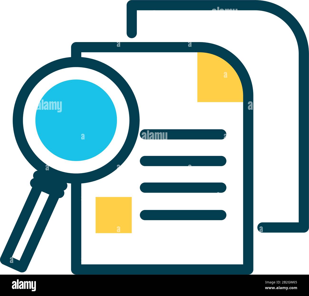magnifying glass and document pages icon over white background, half ...