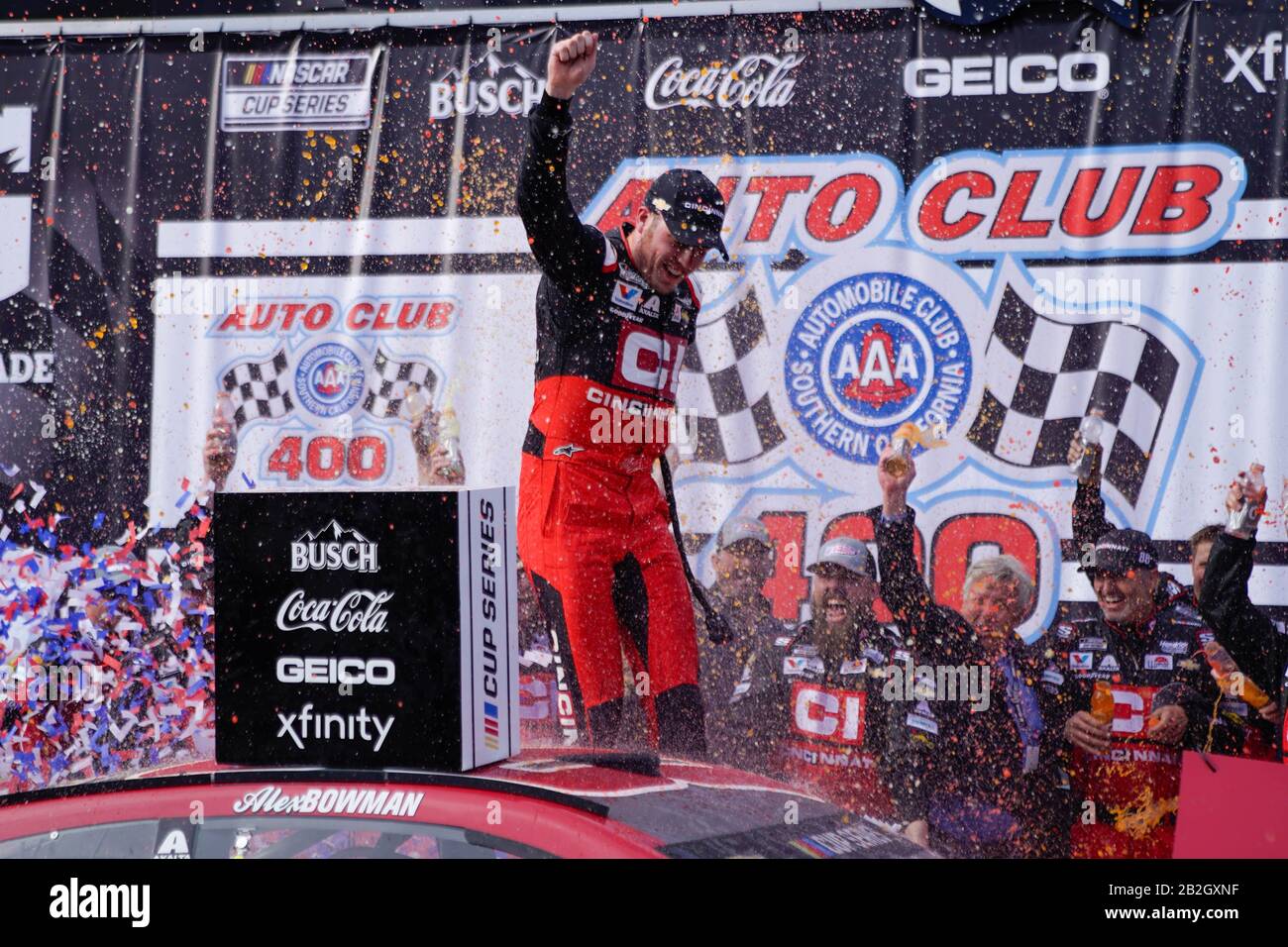 NASCAR Cup Series driver Alex Bowman (88) celebrates in victory lane ...