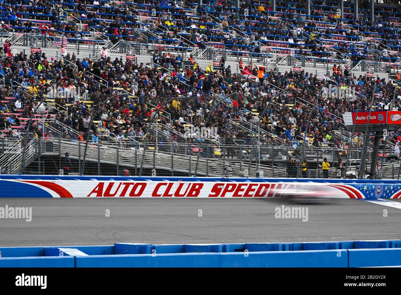 General view of the finish line at Auto Club Speedway during the NASCAR ...