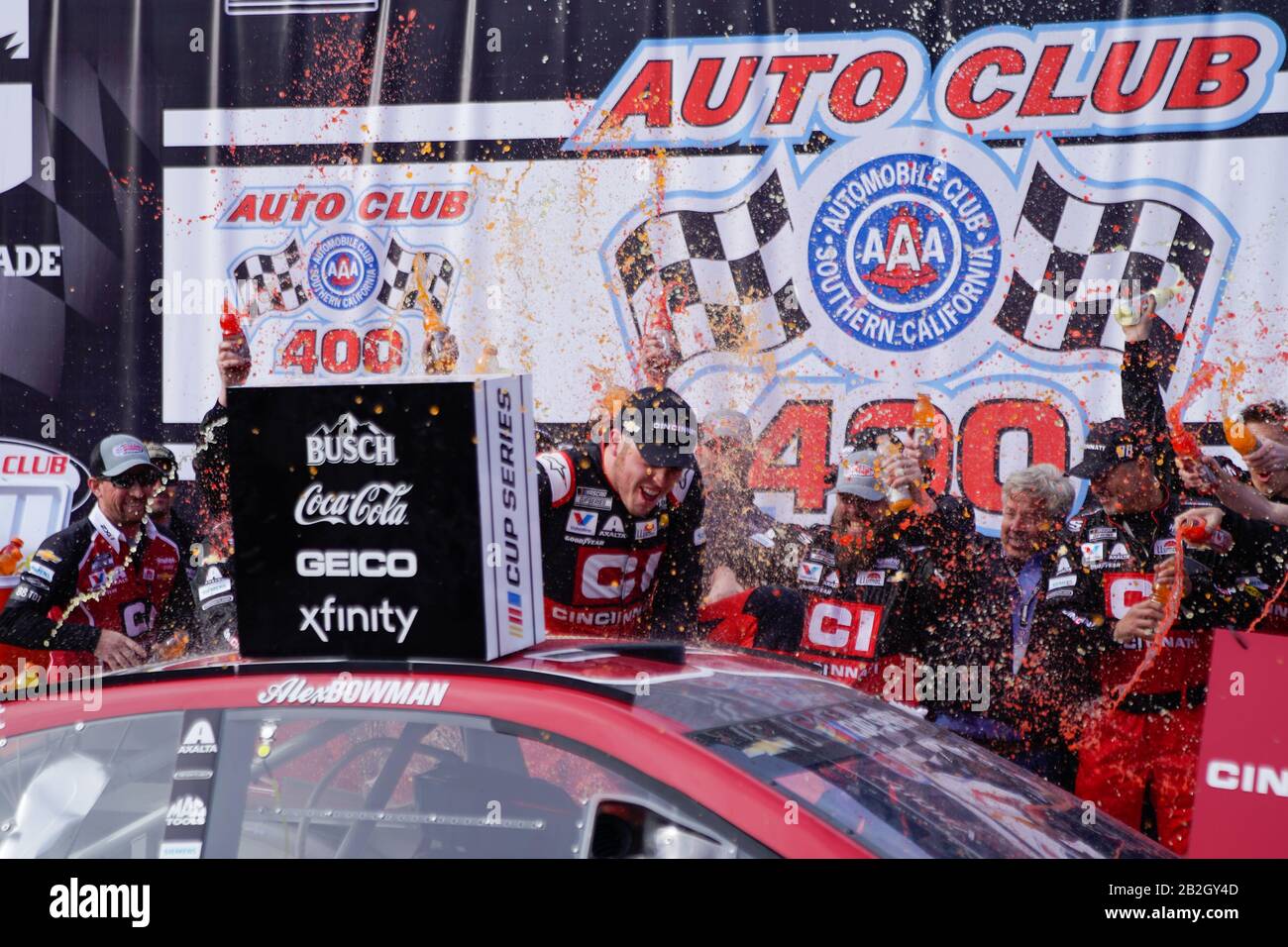 NASCAR Cup Series driver Alex Bowman (88) celebrates in victory lane ...
