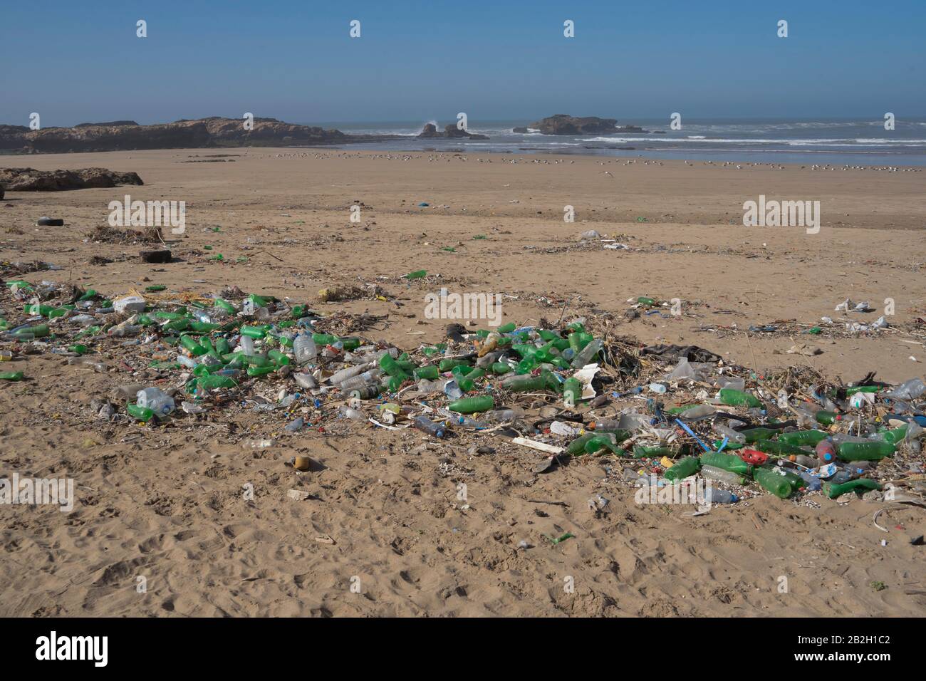 Plastic and waste pollution on the beach by Atlantic Ocean in Essaouira ...