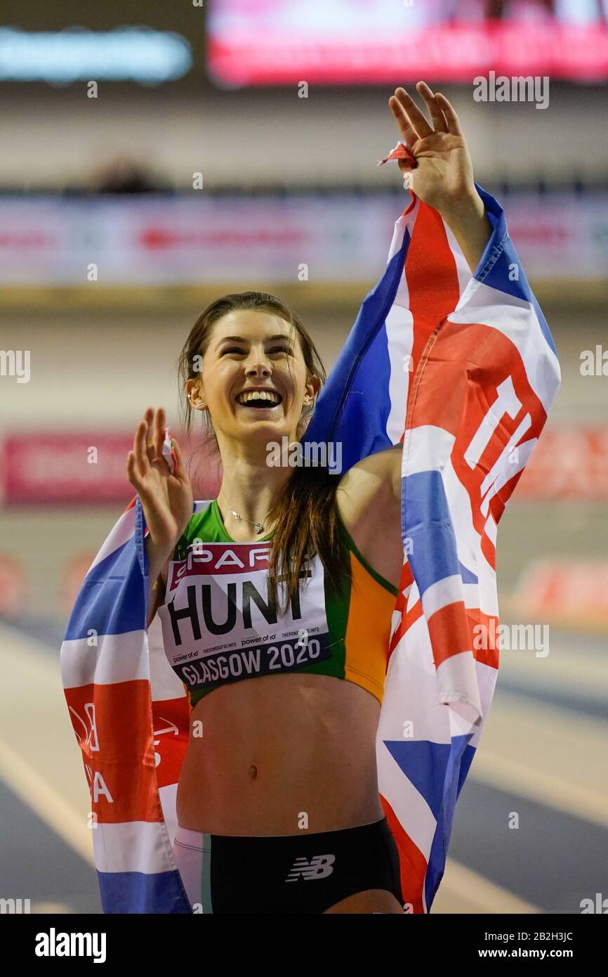 Amy Hunt celebrates after winning the Women's 60m in a time of 7.39 ...