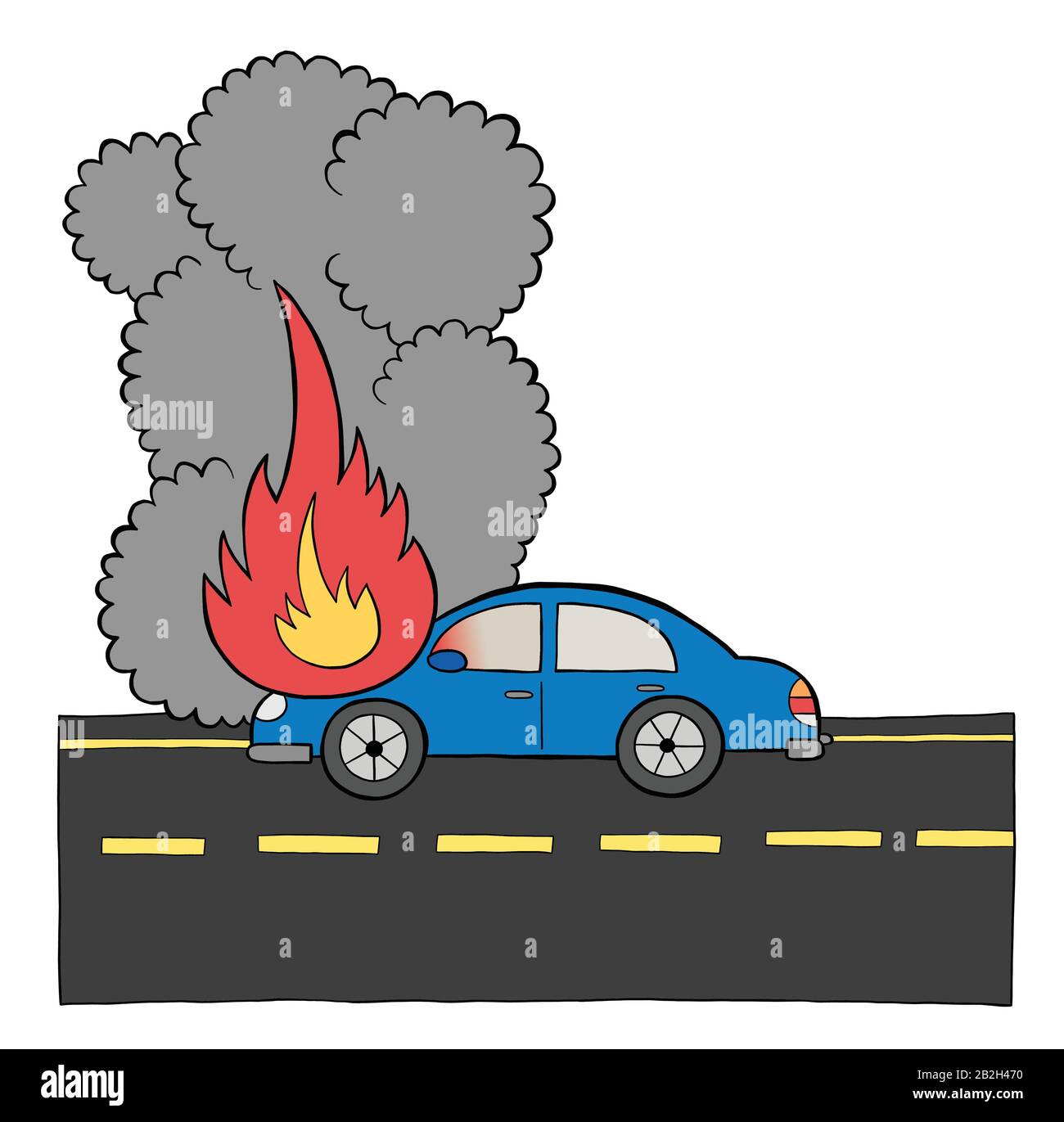 Vector hand drawn illustration of car fire. Black outlines and colored ...