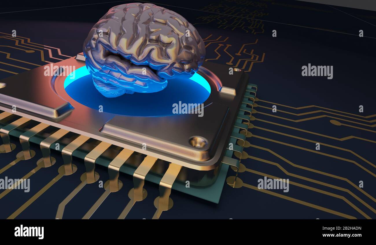 machine learning Brain symbol on circuit board 3d Rendering Stock Photo ...