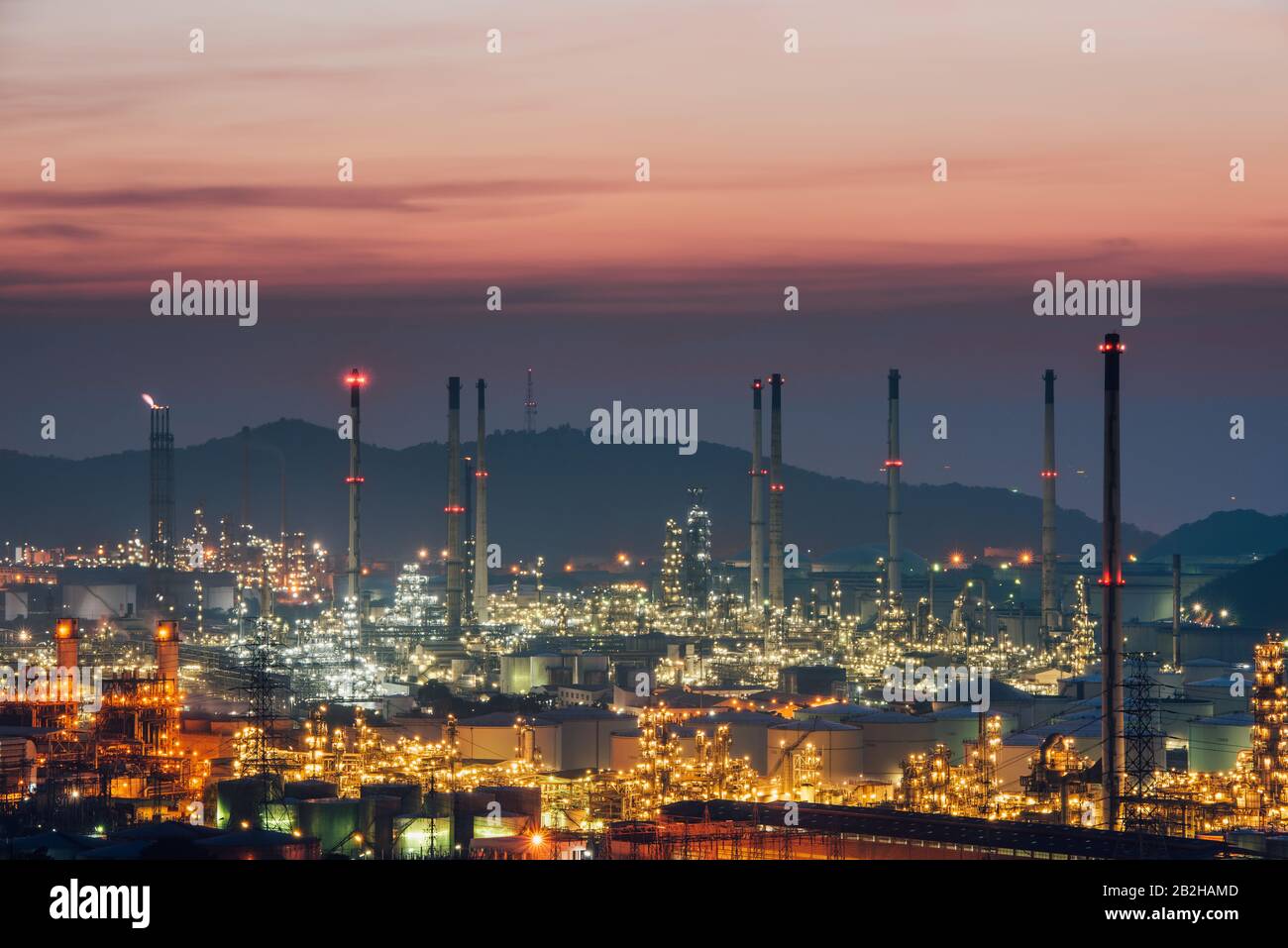 Aerial view oil refinery night background during twilight,Industrial ...