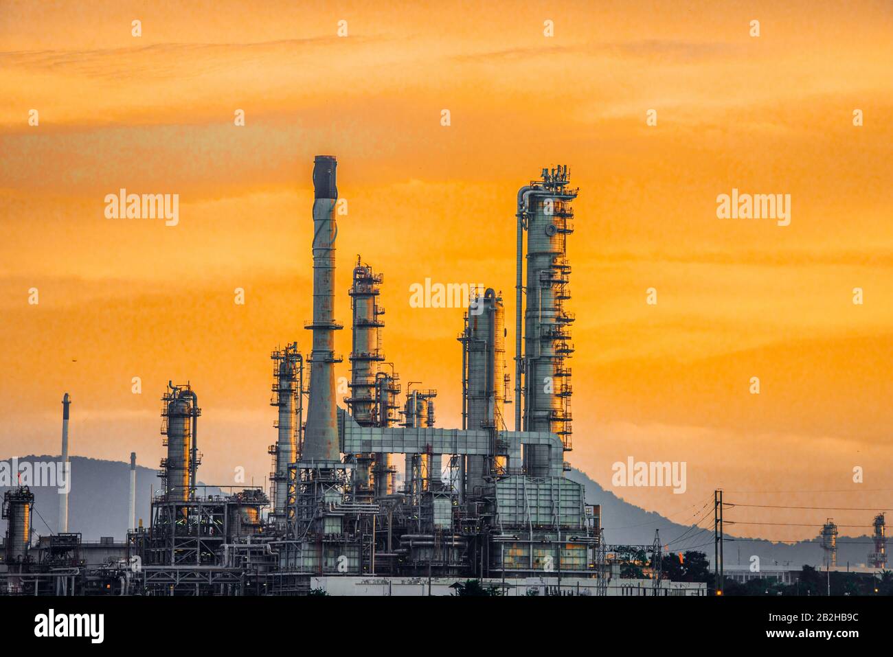 Aerial view oil refinery night background during twilight,Industrial ...