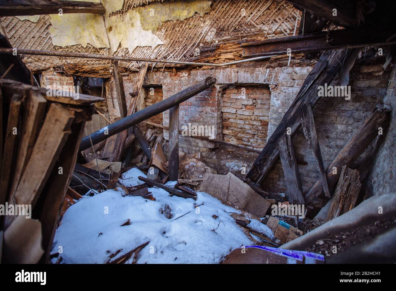 Collapsed ruined old wooden abandoned house in poor district Stock ...