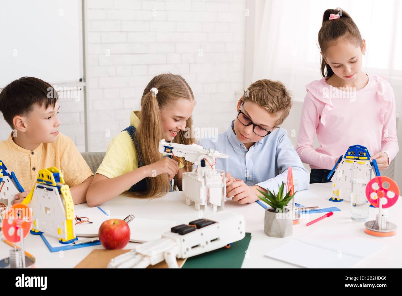 Robotic Education Happy Pupils Creating Robot Together Stock Photo Alamy