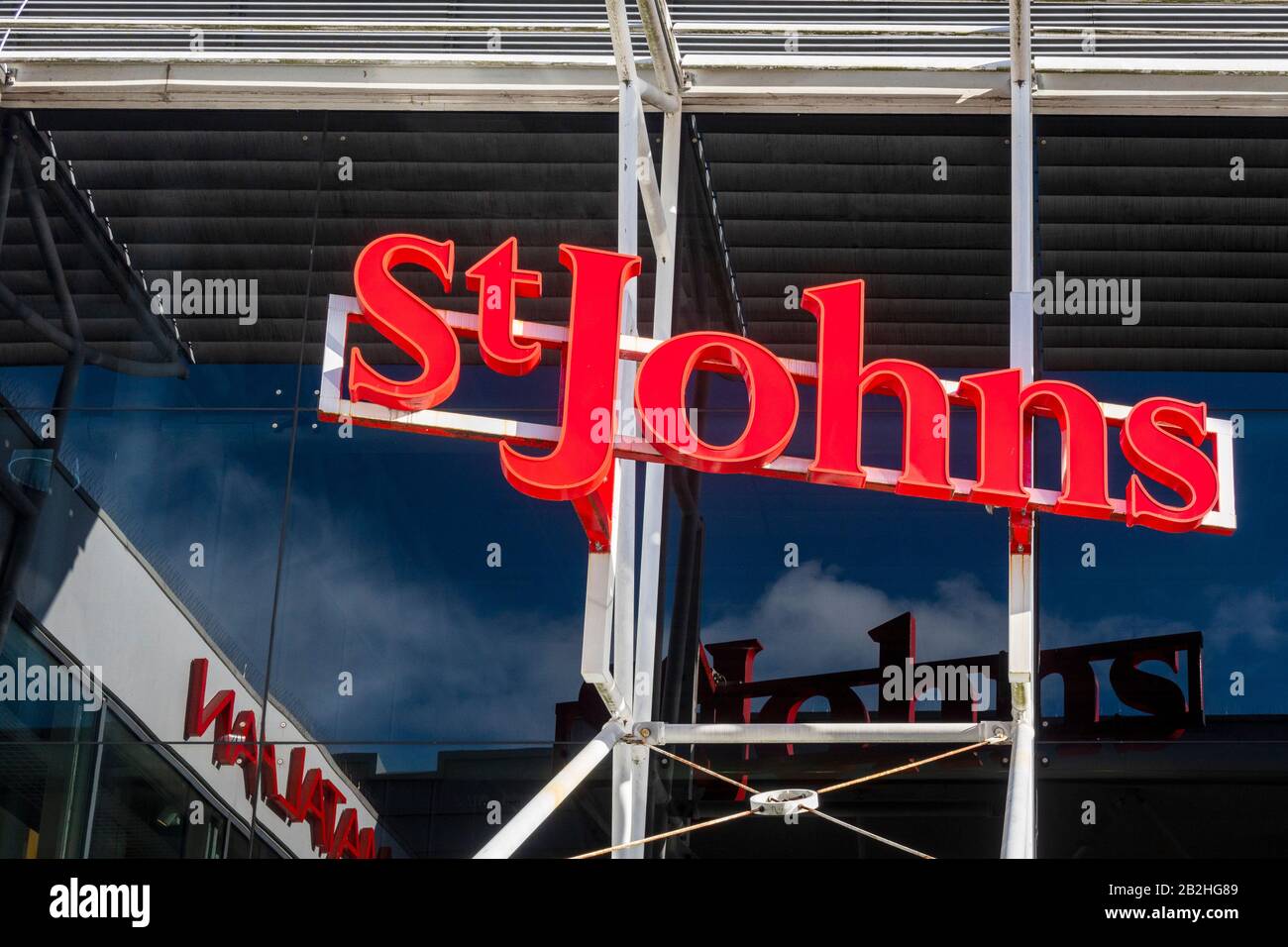 St Johns sign over an entrance to St Johns shopping centre in Liverpool ...