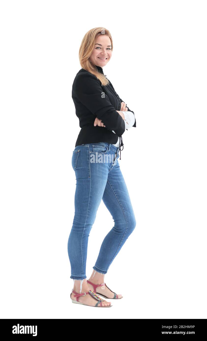 side view. casual smiling woman in fashionable jeans Stock Photo - Alamy
