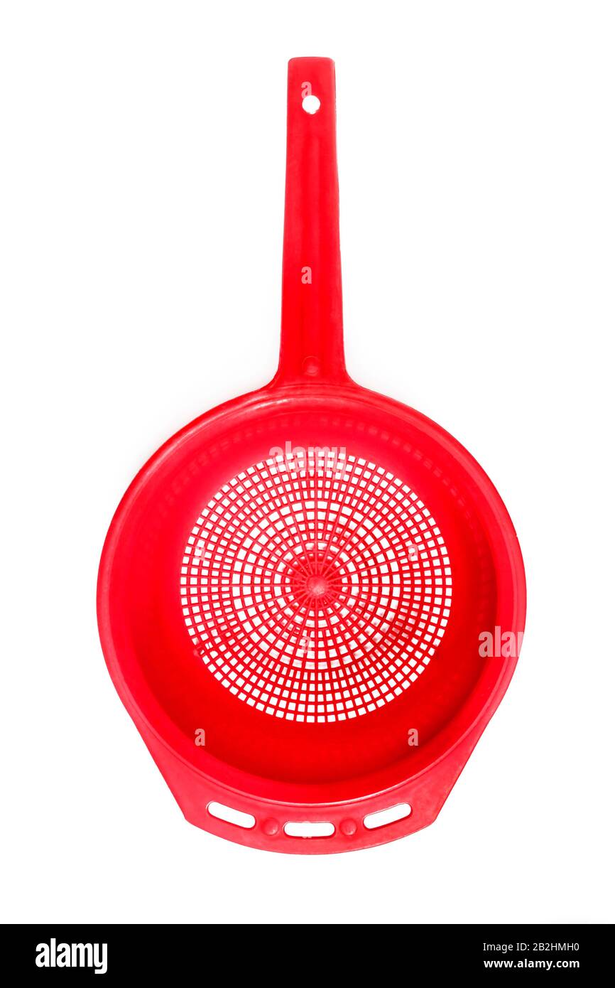Red plastic colander isolated on white Stock Photo - Alamy