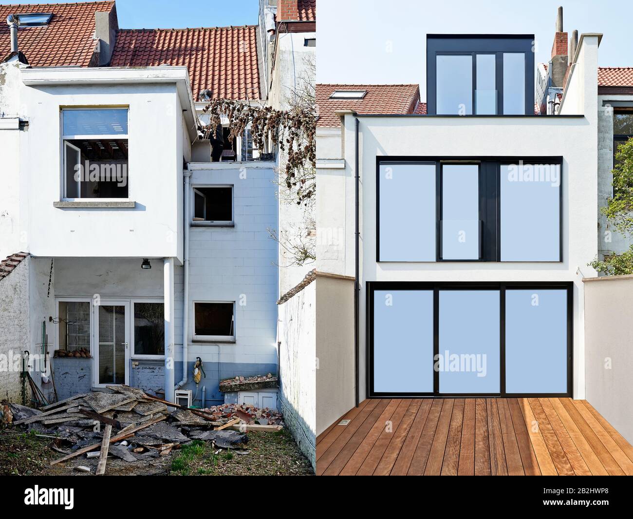 Construction of a new facade in courtyard from old house before and ...