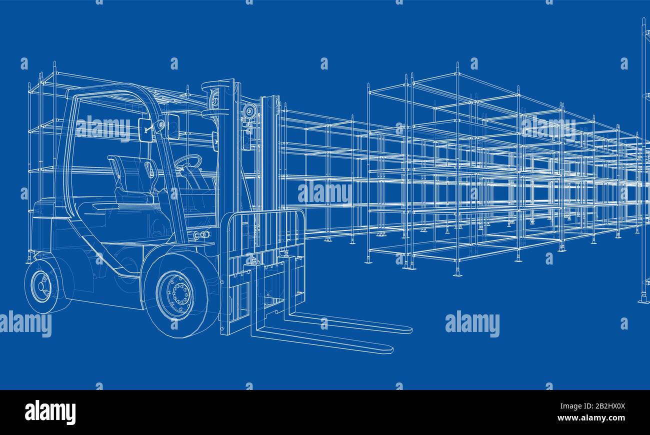 Warehouse shelves and forklift. Blueprint style. Vector rendering from ...