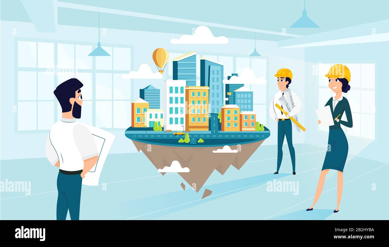 Group architects create and engineering project of city. Team work of ...