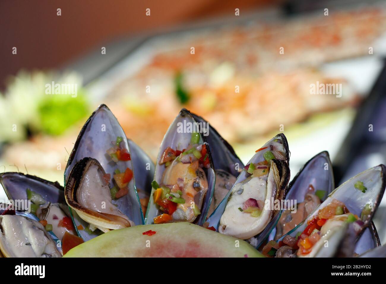 Trays full of marine molluscs and mussels Stock Photo - Alamy