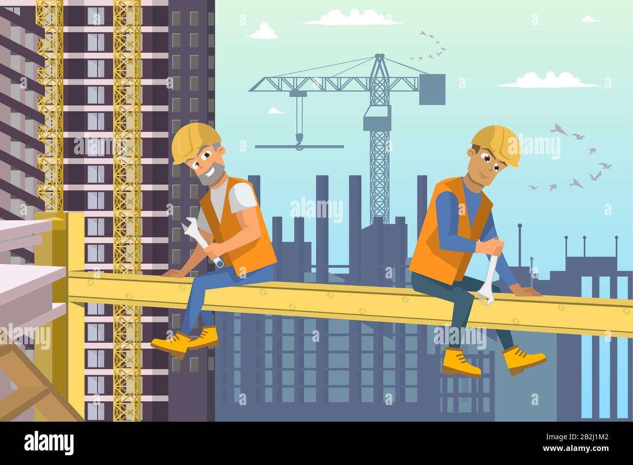 Two Man Builders Sit on Beam above House construction. Cartoon ...