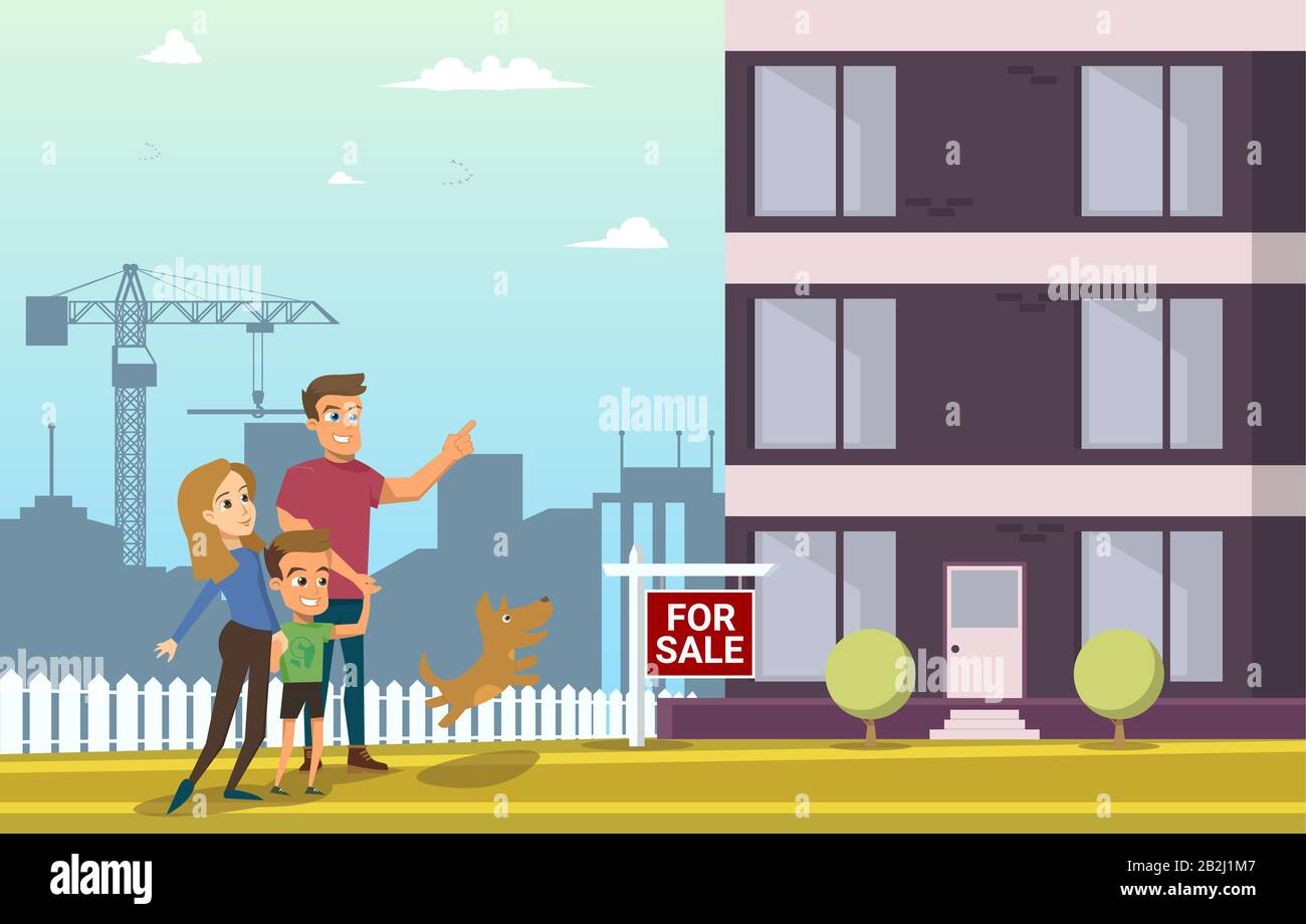 Family Buy Real Estate House. Happy Cartoon Characters Walking on ...