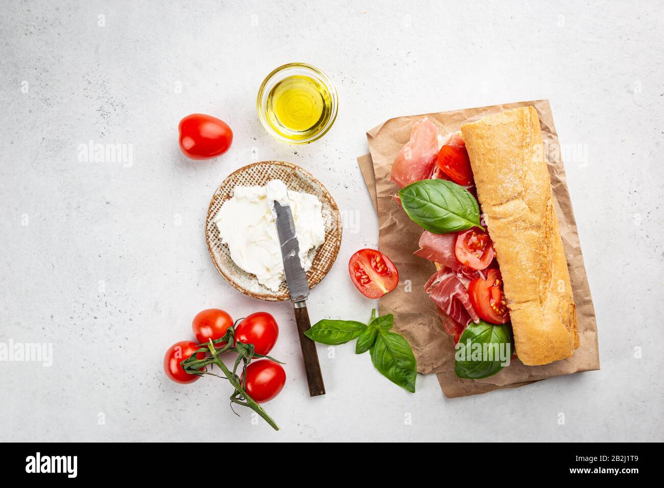 Spanish breakfast, top view. Toast or sandwich with jamon, cheese and ...